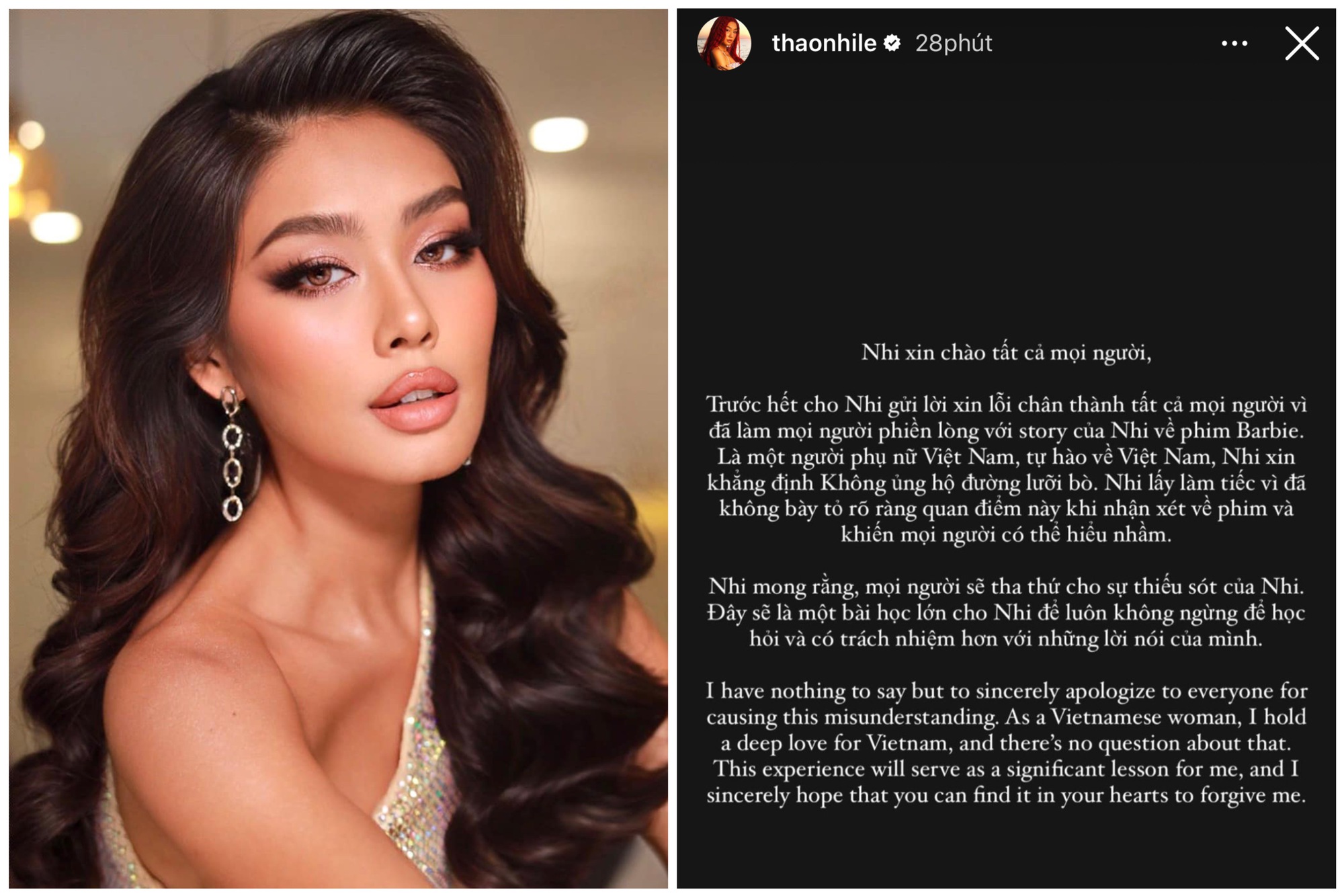 Á hậu Thảo Nhi Lê xin lỗi về bài đăng khen phim có 'đường lưỡi bò'