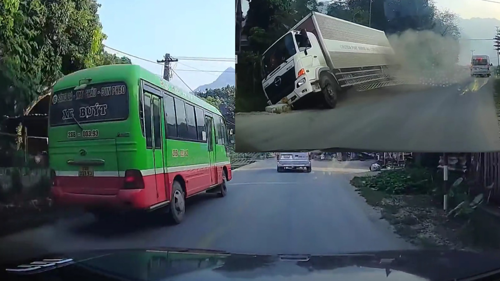 Phẫn Nộ Xe Buýt Cướp Làn ép Xe Tải Lao Xuống Rãnh Thoát Nước Bên đường