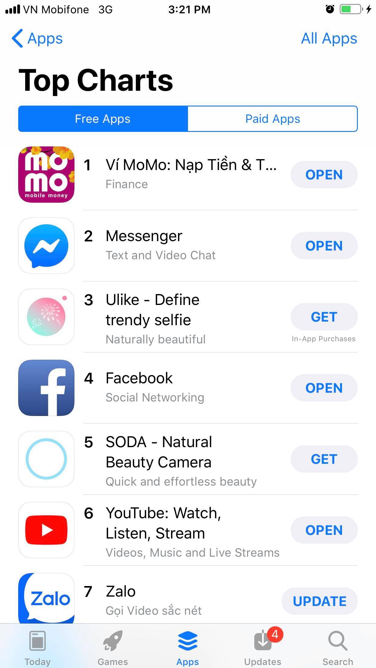 Ví MoMo vươn lên vị trí số 1 top ứng dụng tải miễn phí nhiều nhất trên iOS