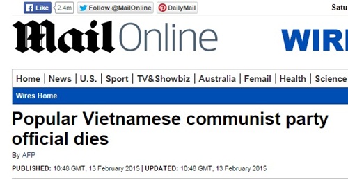 Tin ông Nguyễn Bá Thanh qua đời lên báo nước ngoài