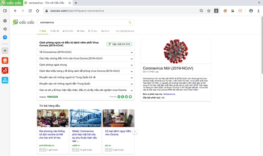 Trình duyệt Cốc Cốc ra mắt các tính năng tổng hợp về virus Corona