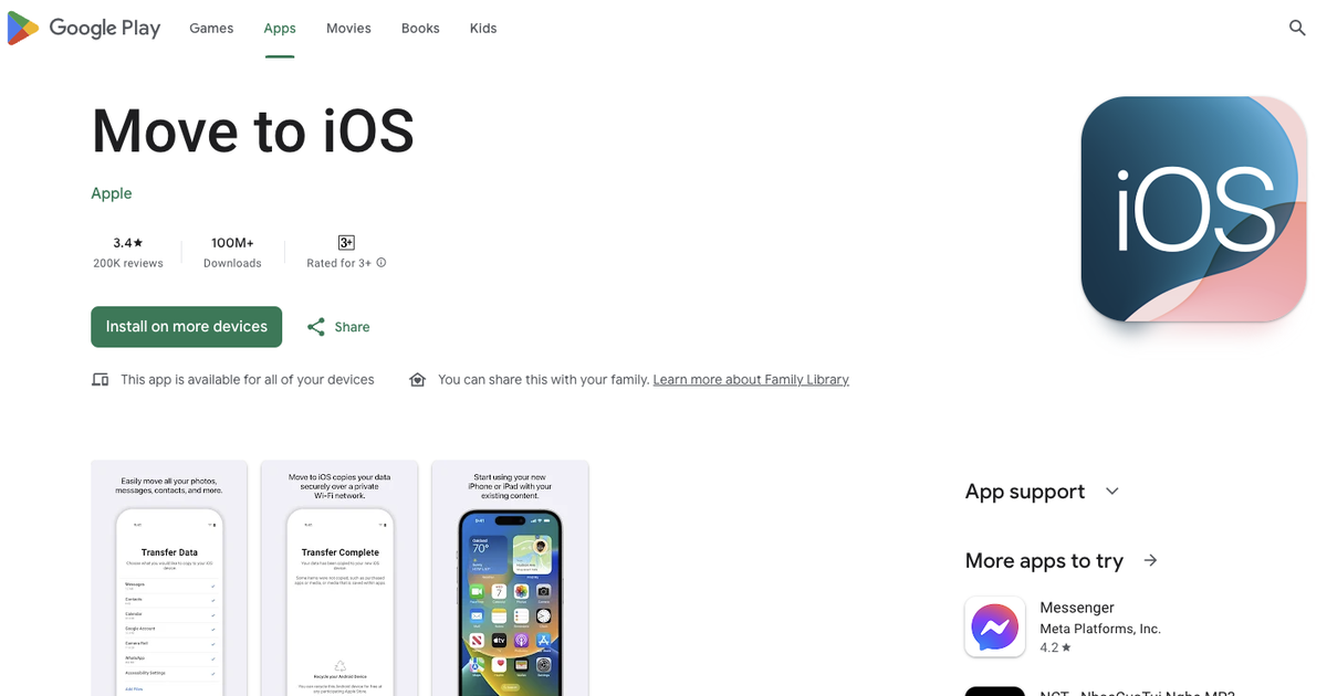 Ứng dụng Move to iOS vào top tải nhiều nhất Google Play
